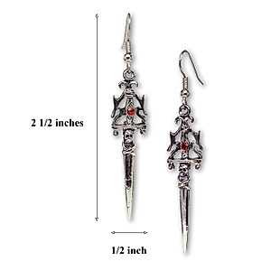 Gothic Skull Dagger Medieval Renaissance Dangle Earrings with Red Austrian Crystals