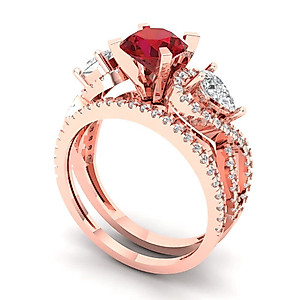 Clara Pucci 1.94 carat Round Cut Solitaire 3 stone Simulated Red Ruby Wedding Anniversary Bridal ring band set 14k Rose Gold 10.25
