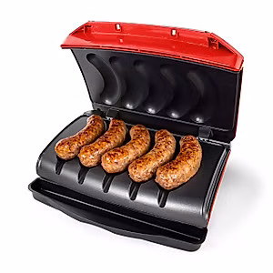 Nostalgia Game Day Sausage and Brat 5 Link Electric Grill with Oil Drip Tray, Carry Handle, and Cord Storage, Cooks Beef, Turkey, Chicken, Veggie Sausages, or Hot Dogs
