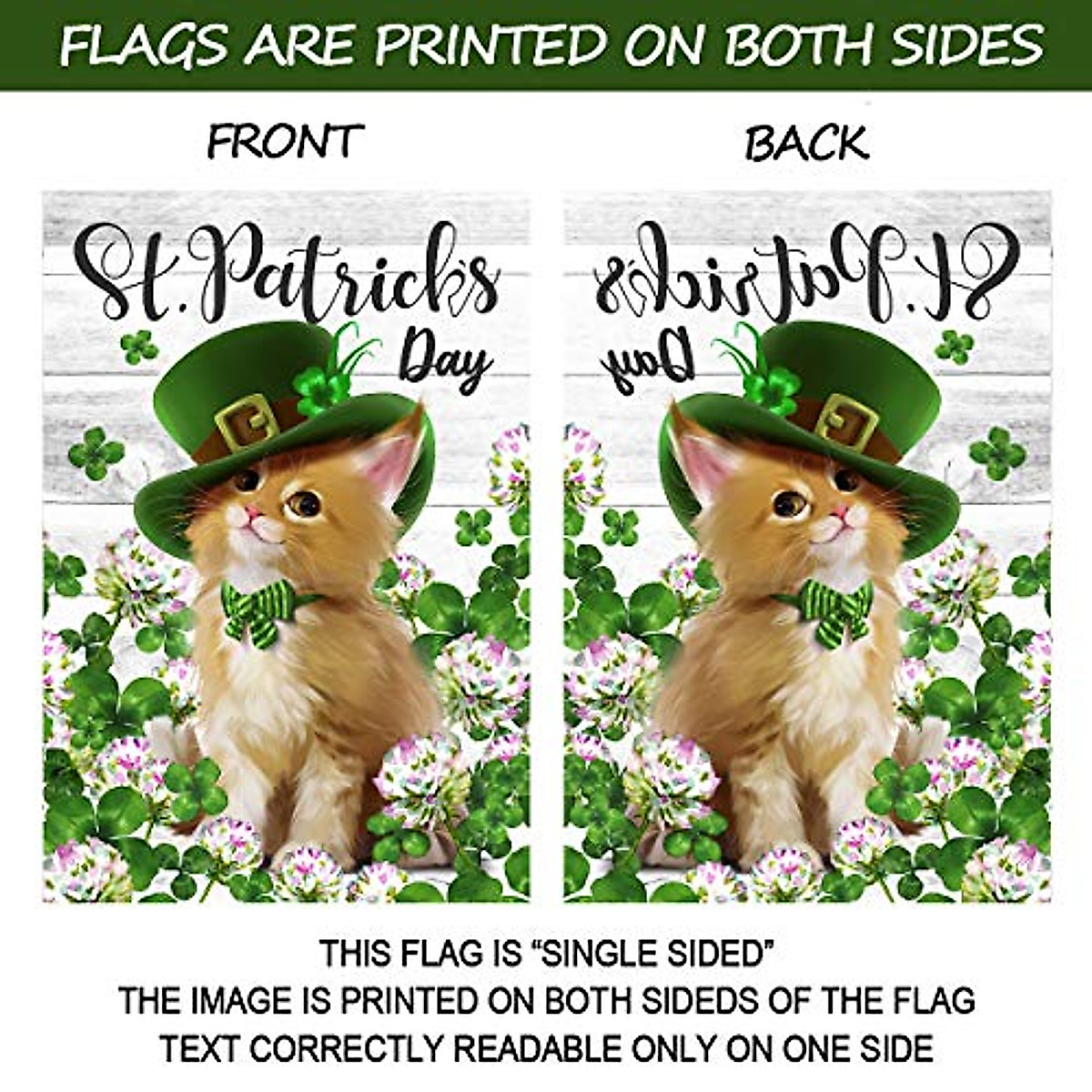 Texupday Happy St. Patrick's Day Cute Cat Kitty with Hat Clover Shamrock Floral Decoration Garden Flag Outdoor Yard Flag 12" x 18"