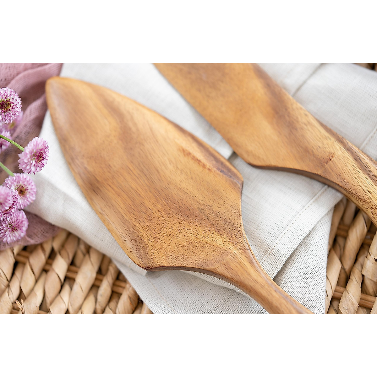 Teak Wood Cake Server and Knife Set - Cake Knife and Server Set - Cake Serving Set - Wooden Cake Server - Heavyweight & Light Toned with No Logo for Photoshoots, Wedding, Birthday, Gifts