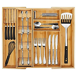 Ozera Bamboo Silverware Organizer, Expandable Utensil Organizer and Cutlery Organizer in Drawer, Flatware Kitchen Drawer Organizer Silverware Tray with Knife Block for Kitchen(7-10 Slots)
