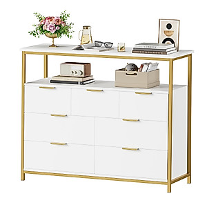 FACBOTALL Modern 7 Drawer Dresser, White Dresser with Metal Handles, White and Gold Dresser, Tall Dresser Chest of Drawers, Large Capacity Chest Storage Organizer for Living Room, Entryway, White.