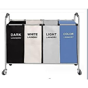 Foldable Laundry Basket Assorted Bags,320L 4 Bag Laundry Sorter Cart 16 X 30 X 40 inch Heavy Duty Laundry Cart with Wheels Laundry Organizer Basket Clothes Separator Hamper