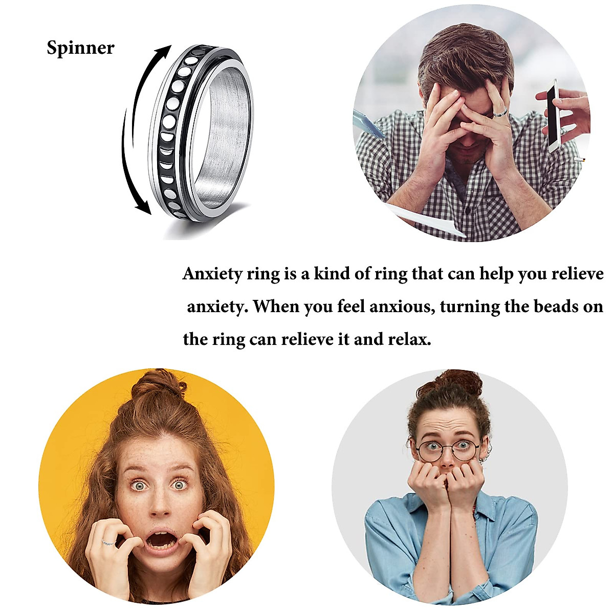 HUASAI Anxiety Ring for Women Fidget Band Ring Moon Sun Star Spinner Rings Stress Relief Rings for Meditation Anti Anxiety Rotating Ring(Moonphase-8)