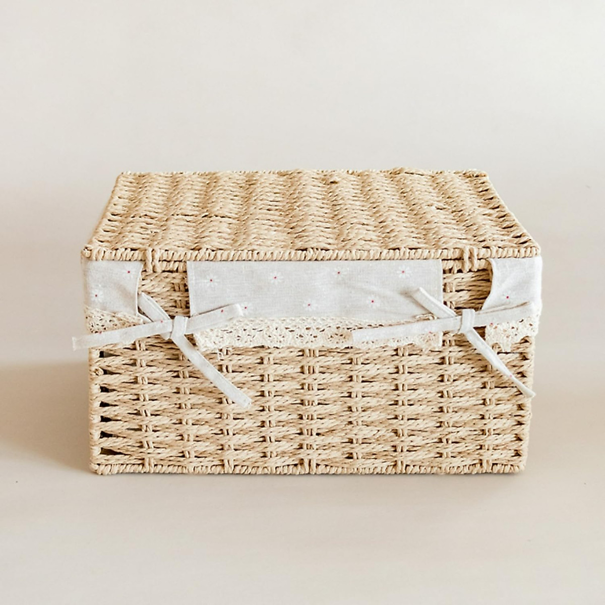 Rattanzenith Wicker Basket with Lid Paper Rope Storage Baskets for Shelves Large Storage Bin with Removable Liner Nesting Decorative Woven Basket for Makeup Closet Organizer (Large, Khaki)