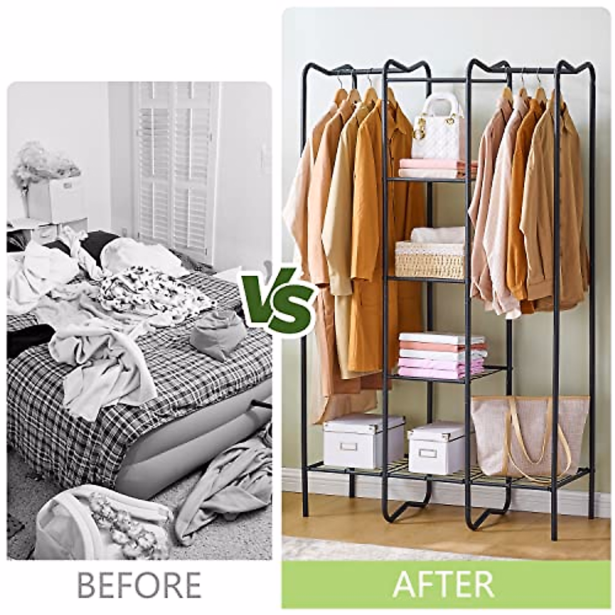 Clothes Rack with Shelves, Metal Closet Wardrobe Clothes Organizer, Portable Wardrobe Closet for Hanging Clothes with Hanging Rods, Freestanding Wire Shelving Garment Rack Closet Organizer and Storage