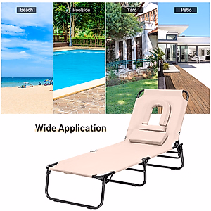 Tangkula Folding Chaise Lounge Chair with Hole for Face, Outdoor 5-Position Adjustable Reclining Beach Sunbathing Chair, Portable Face Down Tanning Chair for Patio Backyard Poolside Beach (2, Beige)