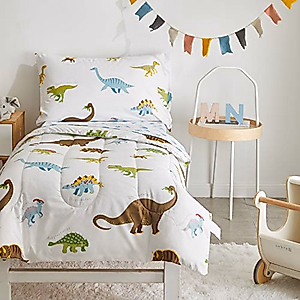 UOZZI BEDDING 4 Pieces Toddler Bedding Set Dinosaur White Includes Comforter, Flat Sheet, Fitted Sheet and Pillowcase