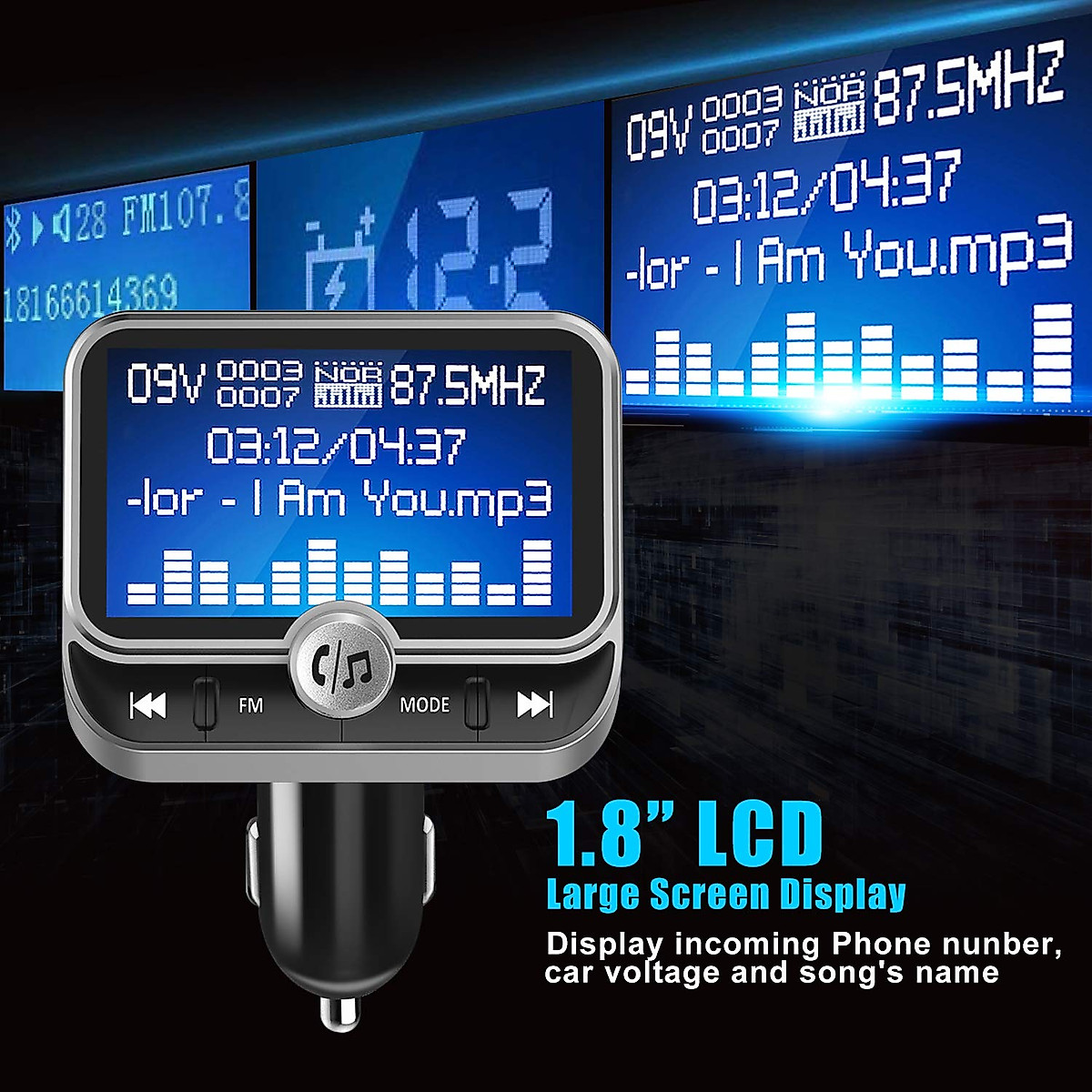 ToHayie Bluetooth FM Transmitter for Car, Transmitter Bluetooth Car Wireless Radio Adapter Hands-Free Car Kit with 1.8 inch Display, Dual USB Car Charger, AUX Input/Output, TF Card Mp3 Player, Silver