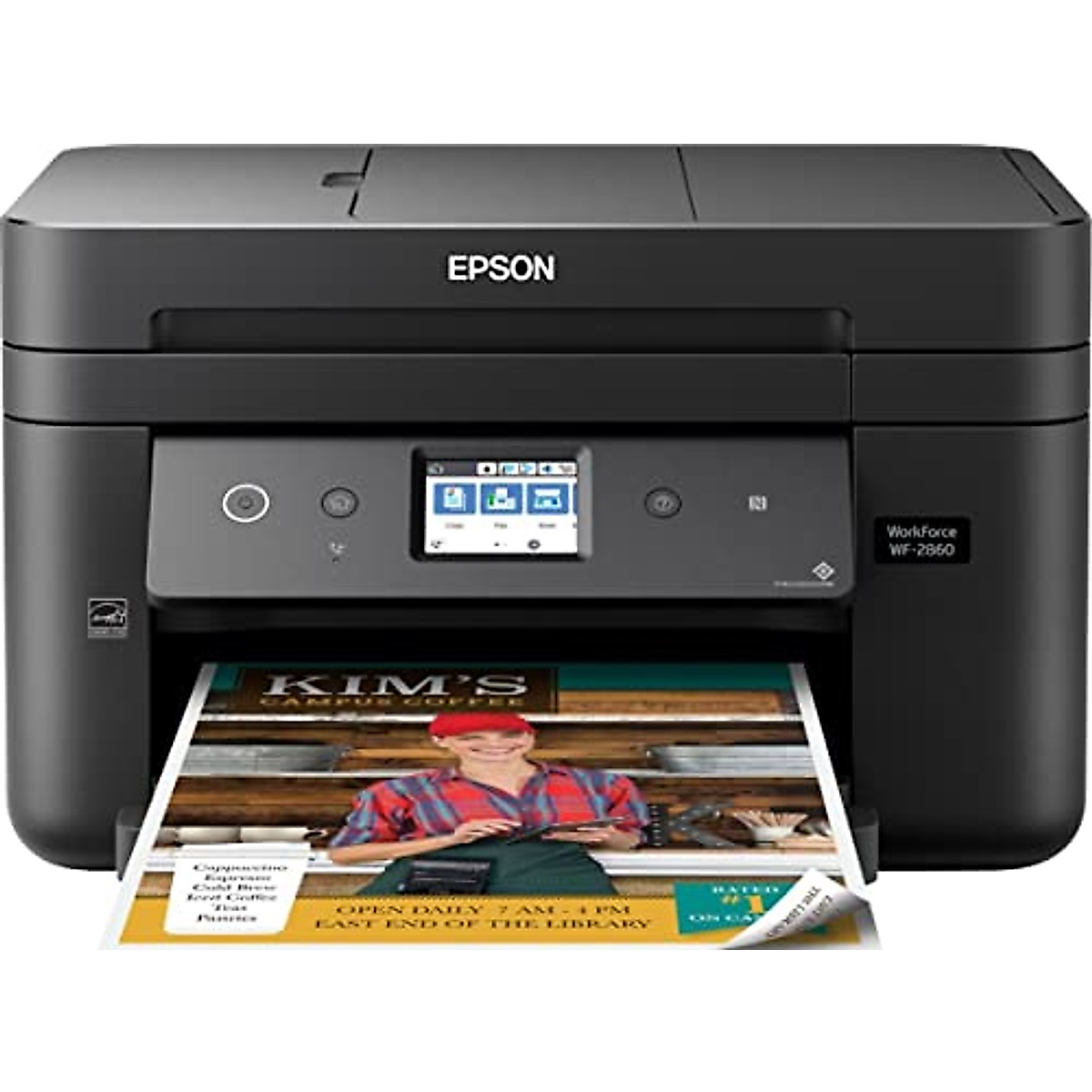 Epson Workforce WF-2860 All-in-One Wireless Color Inkjet Printer - Print Scan Copy Fax - Ethernet, NFC, 2.4" Touchscreen, 14 ppm, 4800 x 1200 dpi, Auto 2-Sided Printing, 30-Sheet ADF, Voice Activated