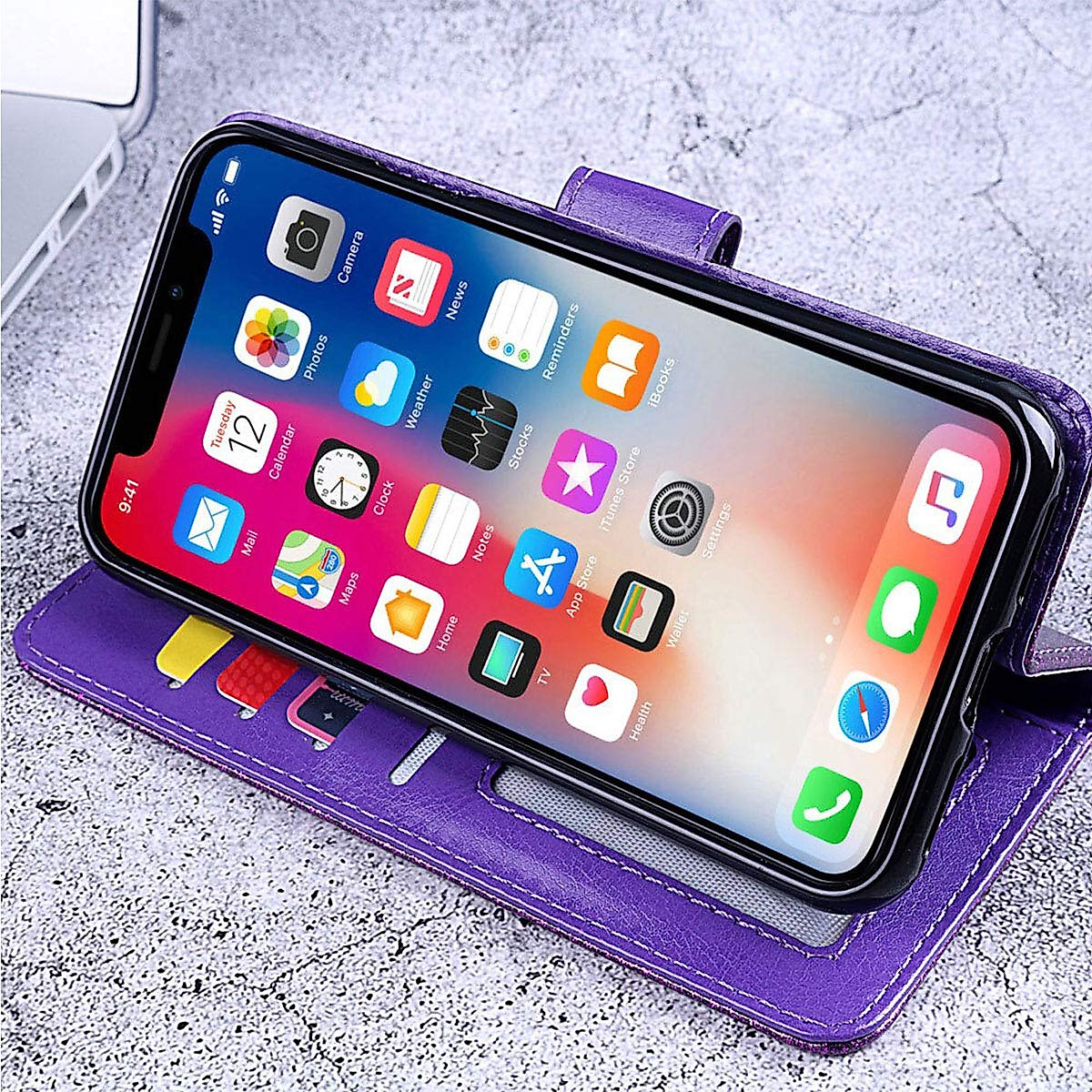 FZZSZS Case for Tecno Spark 7 Pro (6.6") + 2 Pack Screen Protector Film Tempered Glass, Magnetic PU Wallet Flip Protective Cover with Card Slots Shell Case, Purple Leather Case