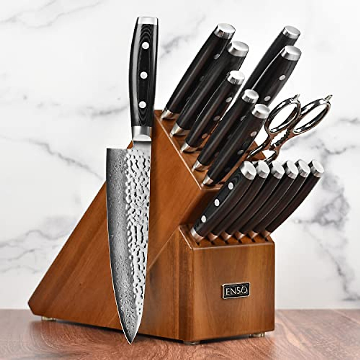 Enso HD 16 Piece Knife Set - Made in Japan - VG10 Hammered Damascus Stainless Steel with Acacia Block