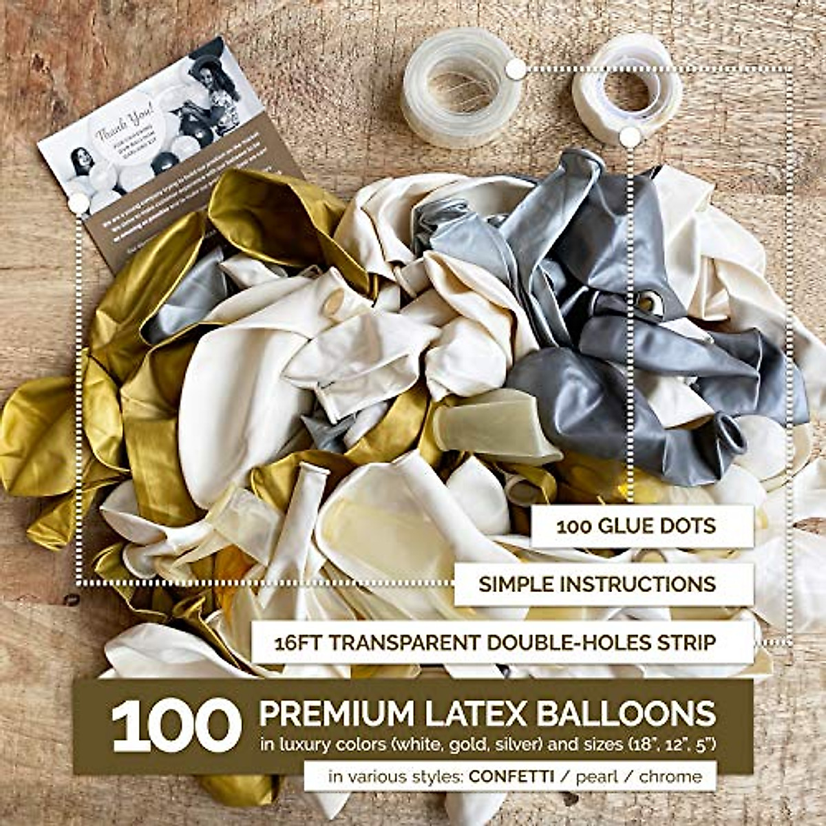 White and Gold Balloon Garland Kit with Gold Silver Confetti - Easy to Assemble 100pcs Premium White and Gold Balloons for Birthday Party - Gold and White Balloon Arch Kit for Baby Shower Balloon Arch