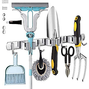 HXcomet Broom Mop Holder, Stainless Steel Wall Mounted Storage Organizer Cleaning Tool for Kitchen, Garage, Garden, Bathroom Organization Storage (3 Racks 4 Hooks)