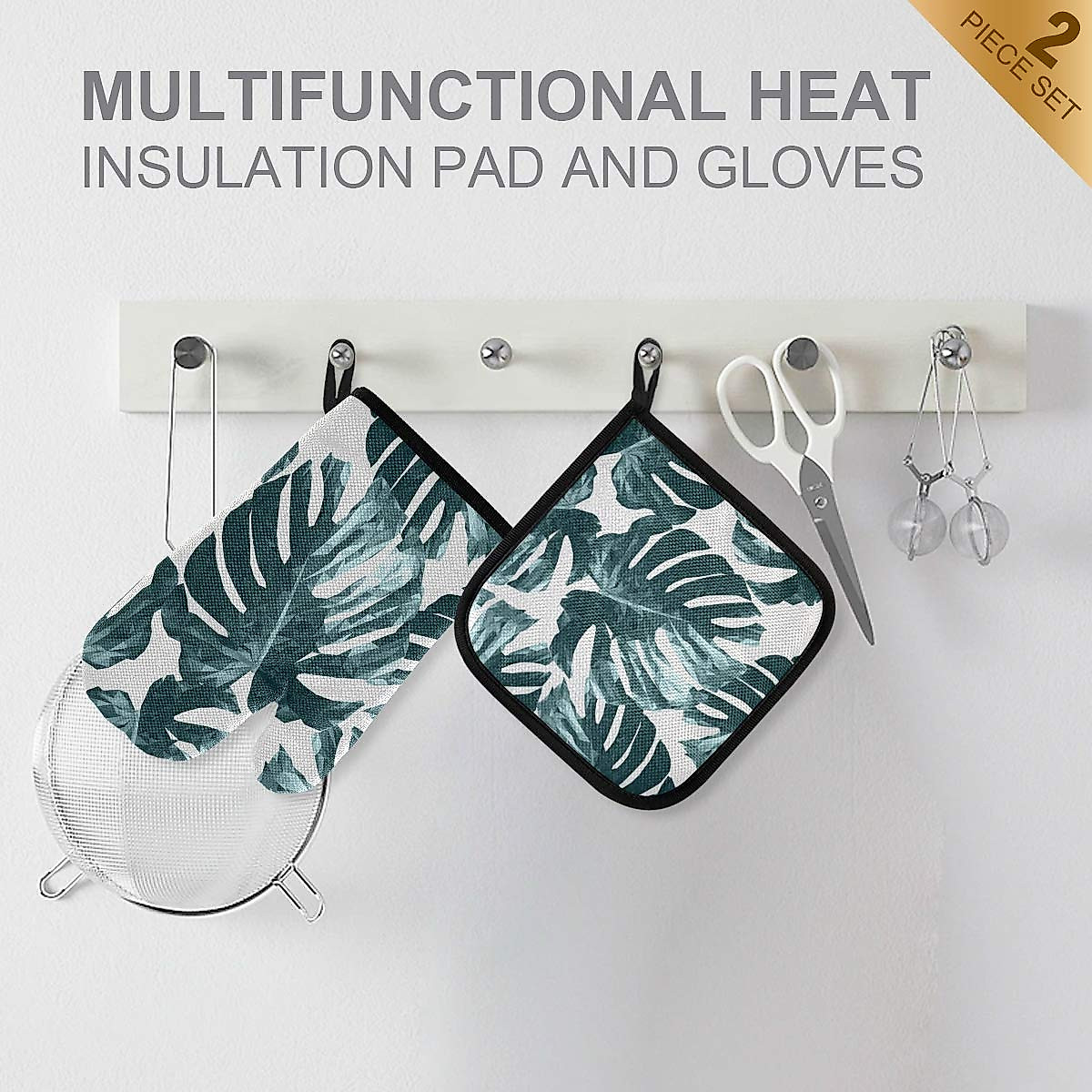 BOOBERT Oven Mitts and Pot Holder Oven Gloves Cute Monstera Green Palm Leaves Non-Slip Hot Pads Insulation Gloves Heat Resistant Kitchen Set for Cooking Baking Grilling BBQ