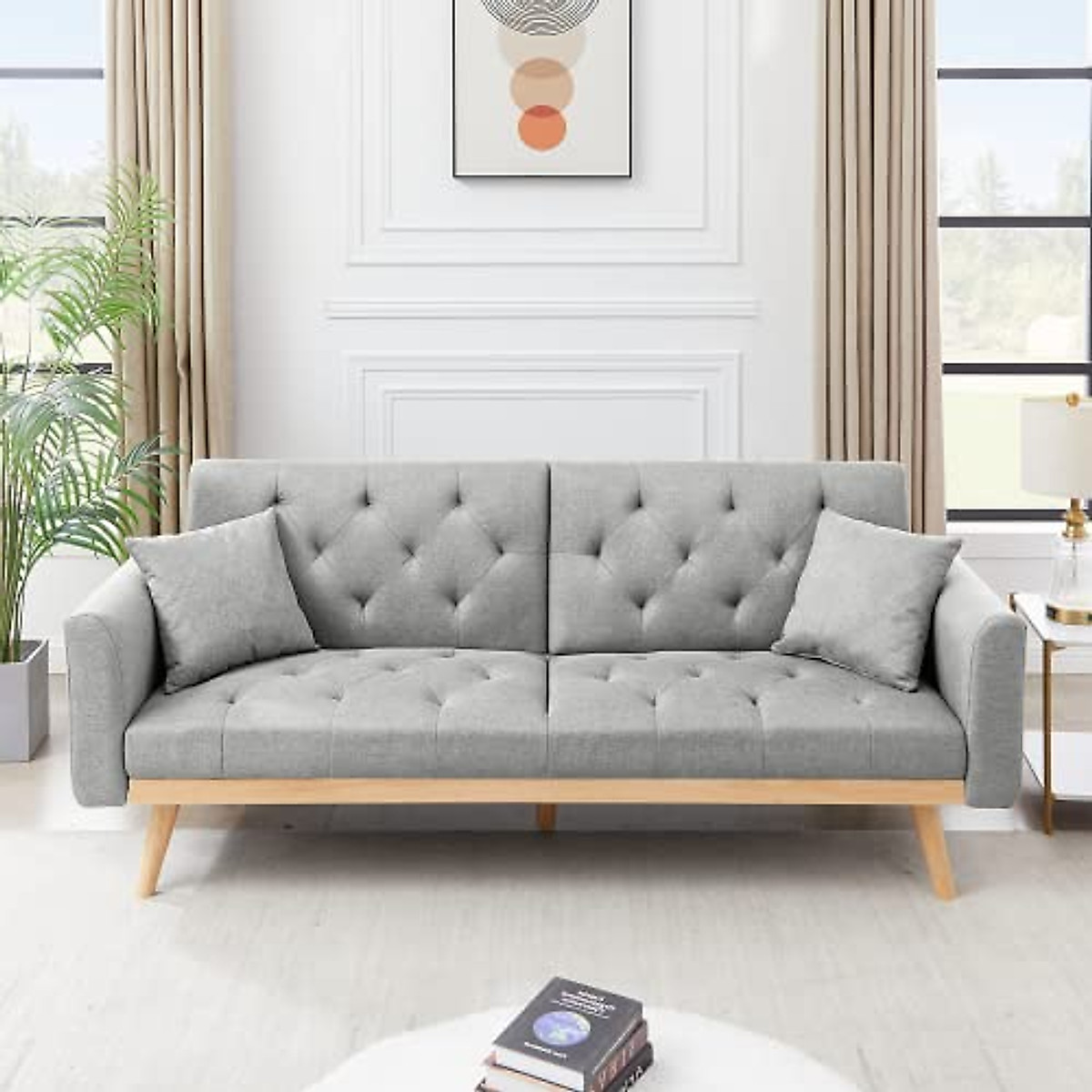 AWQM Convertible Sofa Bed, Fabric Linen Folding Futon Sofa Bed,Upholstered Loveseat Futon Couch Bed,Adjustable Couch Sleeper w/Wood Legs,Pull Out Couch for Small Space, Living Room,Office,Light Grey