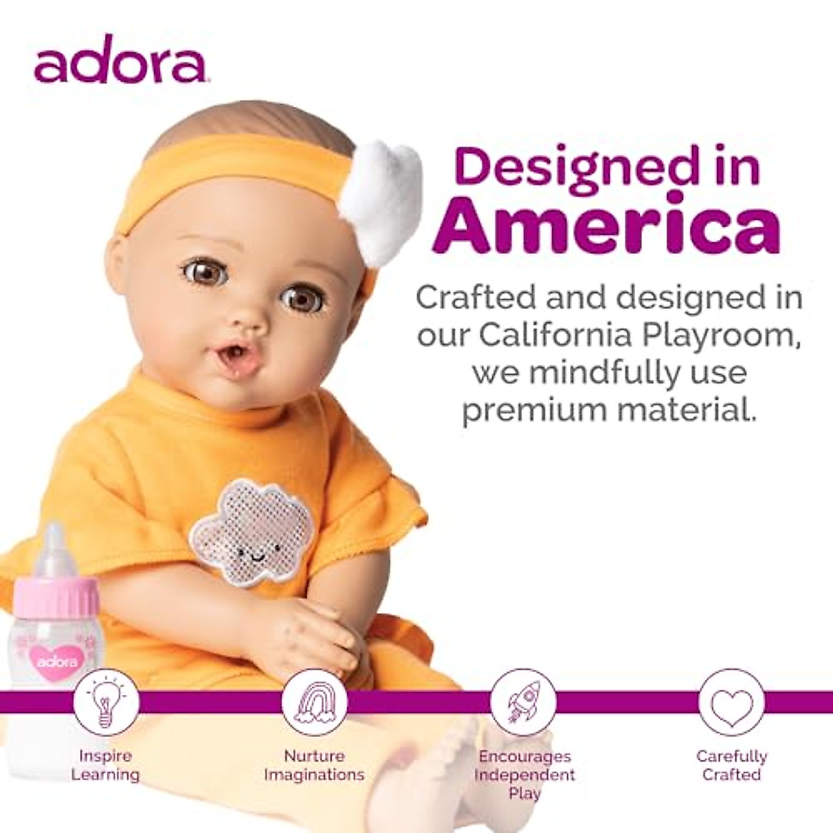 Adora Nurture Time Babies Collection, 13" Baby Doll and Clothes Set with 3 Touch Activated Features Includes Removable Cloud Patterned Outfit, Doll Bottle, Birthday Gift For Ages 1+ - Sweet Orange