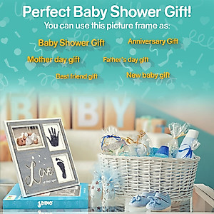 1Dino Premium Baby Handprint and Footprint Kit - 12.6” x 12.2" White/Grey Wood Baby Picture Frame - Includes 2X Clean Touch Ink Pad for Baby Hand and Footprints - Baby Registry, Baby Shower Gifts