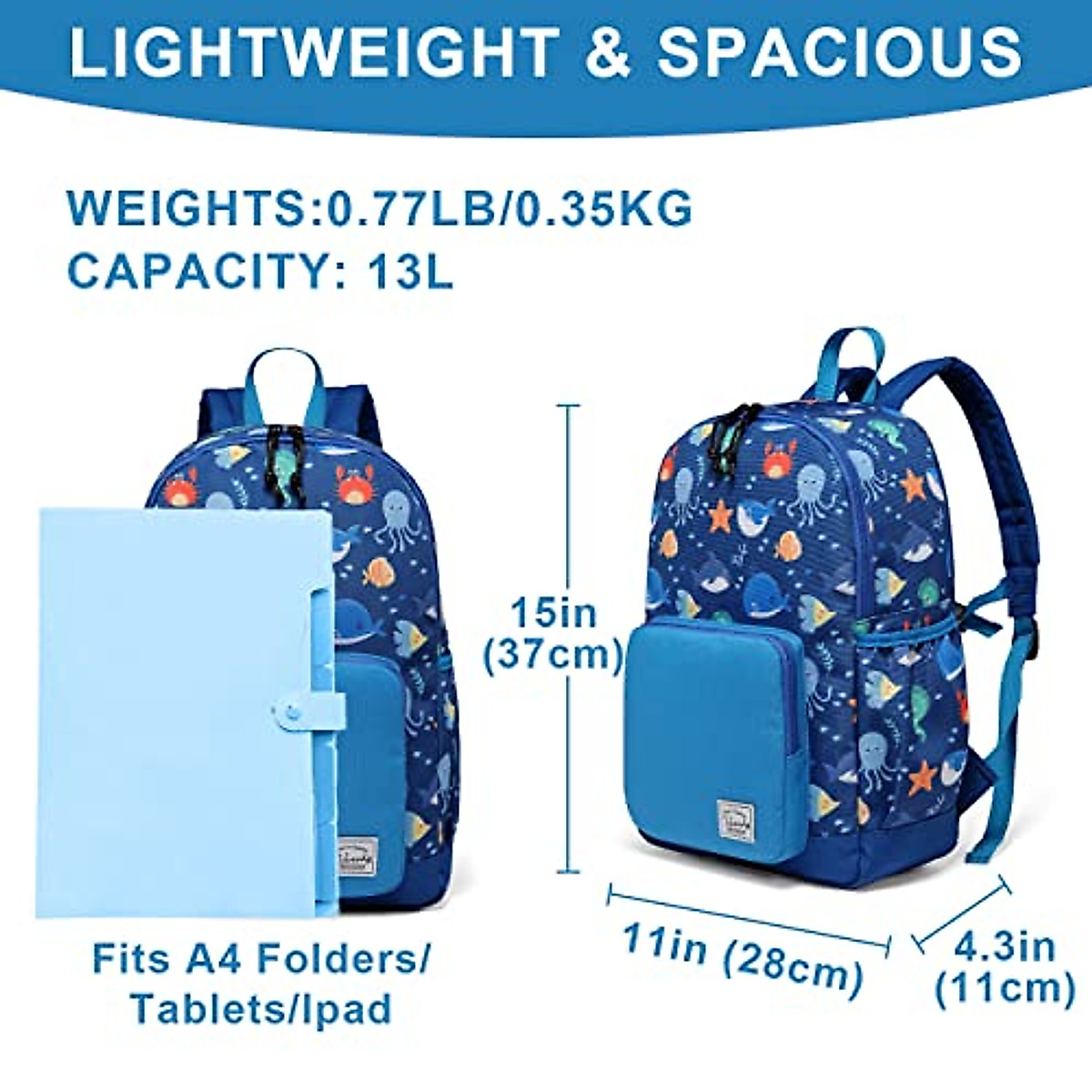 VASCHY Kids backpacks, Cute Lightweight Water Resistant Preschool Backpack for Boys and Girls Ocean Animals