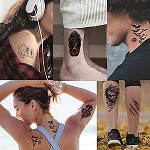 52 Sheets Black Temporary Tattoos for Kids Men and Women, Include 10 Sheets Large Half Arm Sleeve Fake Tattoos, 200+ PCS Spider Scorpion Snake Tiger Lion Skull Bat Vampire Scar Fake Tattoo Sticker