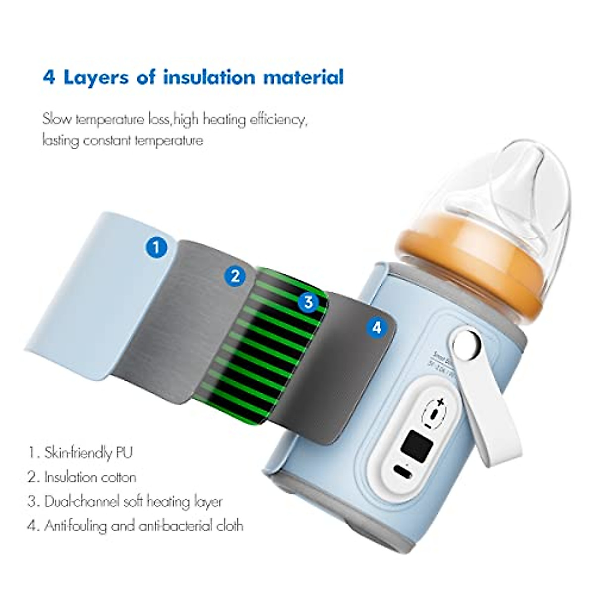 Portable Bottle Warmer, Baby Milk Heat Keeper with LED Display, USB Warmer Bottle for Car Travel, Bottles Warmers on The go (Blue)