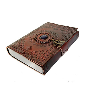 7" Leather Journal with clasp & stone Writing Pad Blank Notebook Handmade Notepad For Men & Women Unlined Paper Best Present Sketchbook Travel Diary To Write Book Of Shadows Refillable Grimoire Large