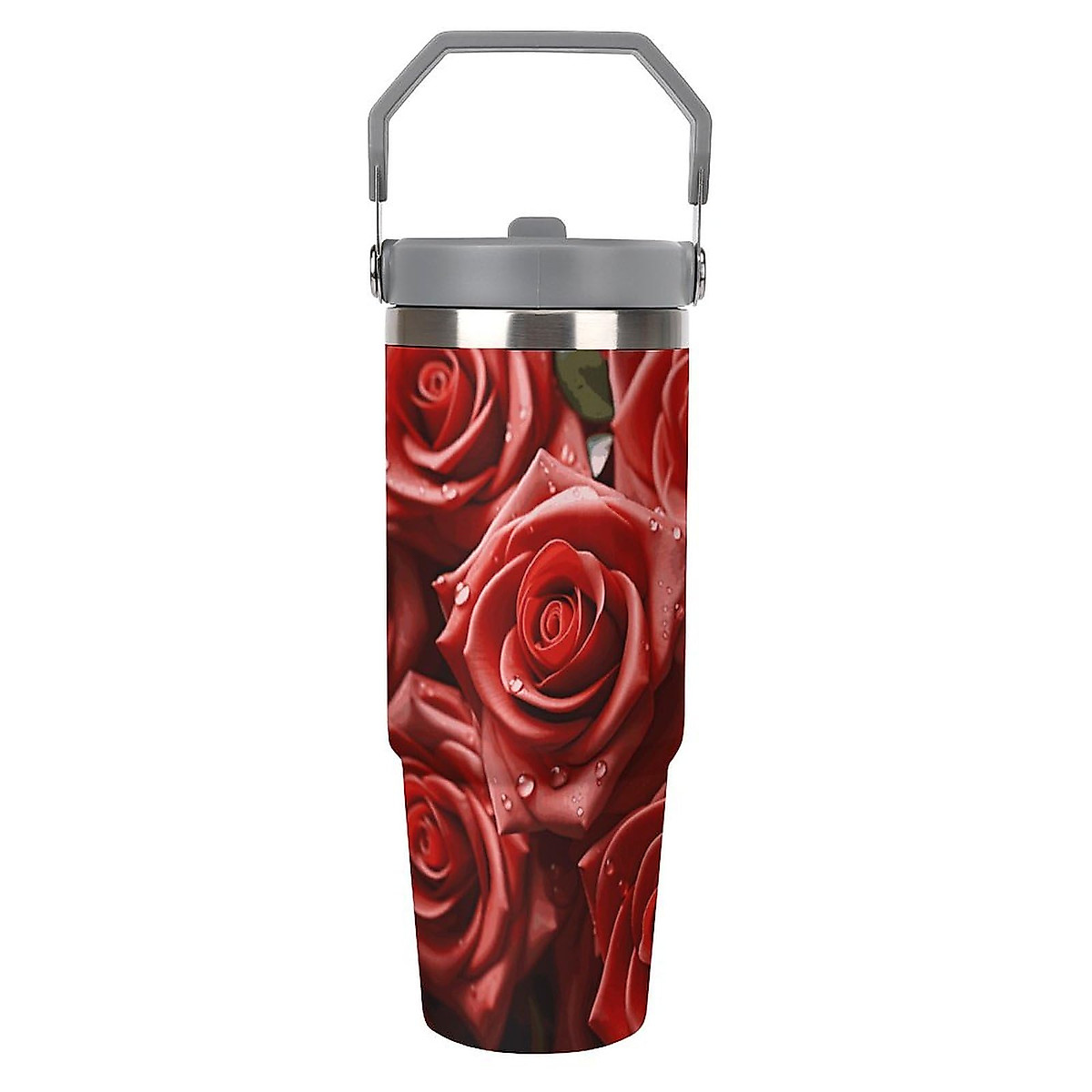 Many Red Roses Tumbler 30oz Large Capacity Car Cup with Handle Fit in Any Car Cup Holder Stainless Steel Leakproof Insulated Coffee Tumblers with Lid And Straw