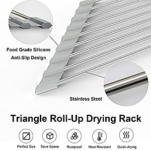 Triangle Roll Up Dish Drying Rack, DXWHYX Over Sink Drying Rack, Stainless Steel Multipurpose Sink Cover for Counter Space in Kitchen, Bathroom, RV, Laundry Room