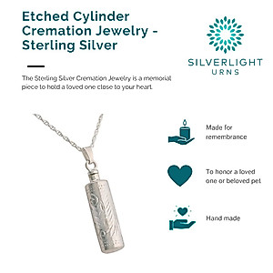 Etched Cylinder Pendant and Necklace for Ashes, Sterling Silver, Cremation Jewelry for Ashes