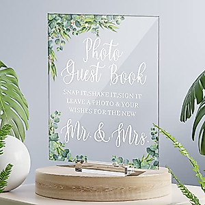 8 x 10 In Wedding Signs for Ceremony and Reception Wedding Photo Booth Sign Guest Sign in Book Clear Acrylic Wedding Sign Wedding Welcome Sign with Base Eucalyptus Leaves Guestbook Message Decoration