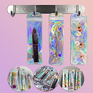 200 Pieces Rainbow Bags, Reusable Foil Pouch Makeup Brush Zip Lock Bag Double-Sided Zipper Lock Bag Mylar Bags for Household Food Storage Jewelry Bracelet Earrings Eyelash Packaging (2.4in*7.3in)