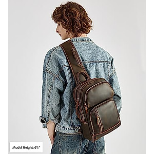 LANNSYNE Full Grain Leather Sling Bag For Men Crossbody Chest Daypack fits 12.9" iPad