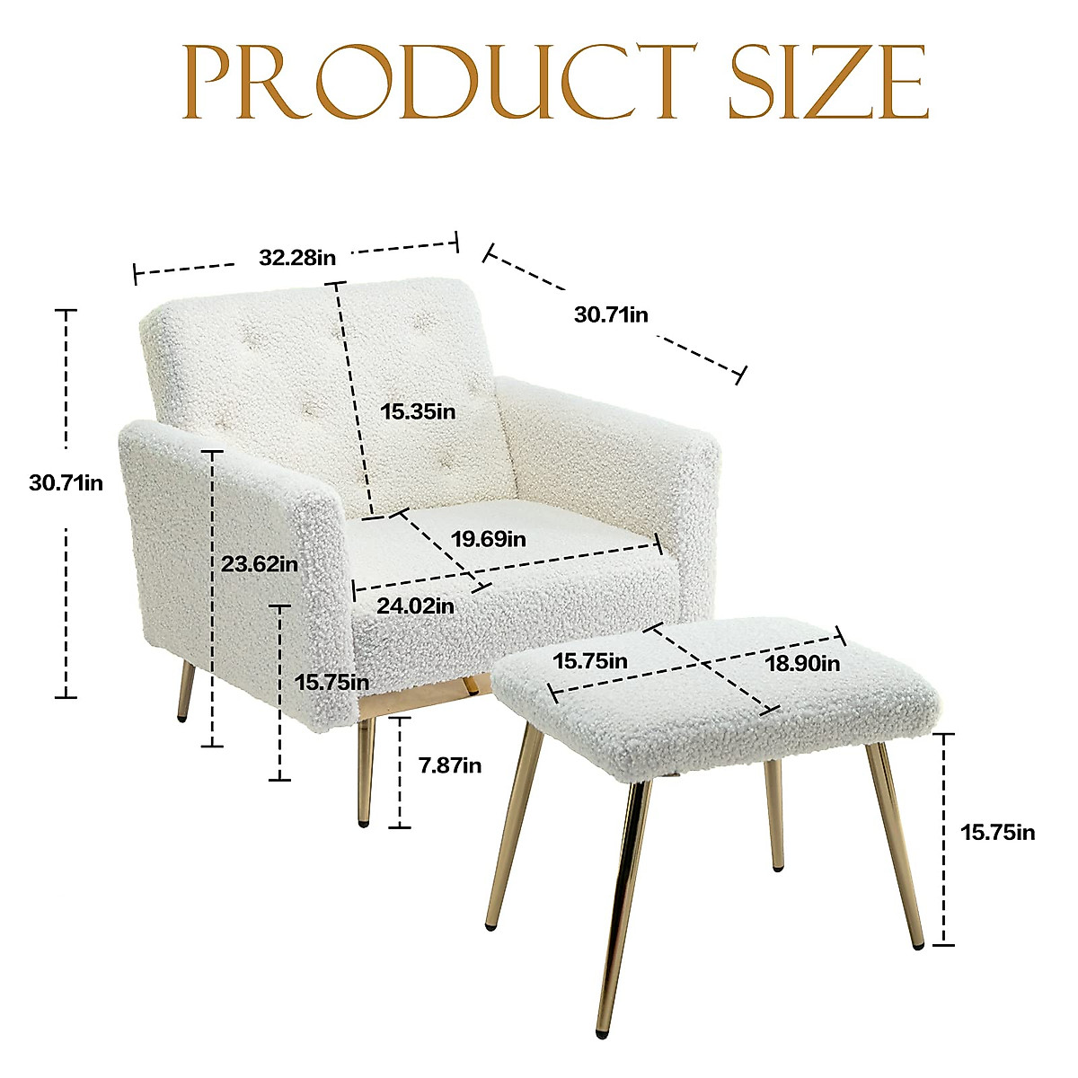 KINFFICT Velvet Accent Sofa Chair with Ottoman, Upholstered Comfy Lounge Armchair with Adjustable Armrests and Backrest, Living Room Single Recliner with Tufted Button Back, Cream White Teddy