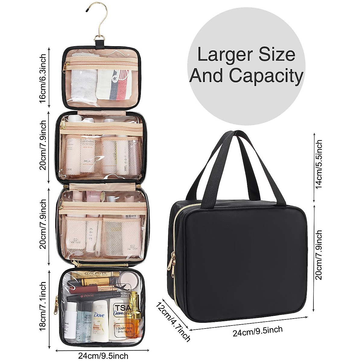 Hanging Toiletry Bag Travel Makeup Bag TSA Approved Clear Bag for Toiletries Waterproof Cosmetic Bag Toiletry Bag for Women Men Travel Toiletry Organizer for Bathroom Shower (Medium, 1-Black)