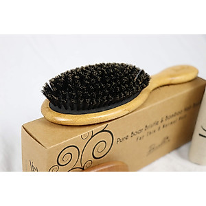 Boar Bristle Hair Brush Set for Women and Men - Designed for Thin and Normal Hair - Adds Shine and Improves Hair Texture - Wood Comb and Gift Bag Included (black)