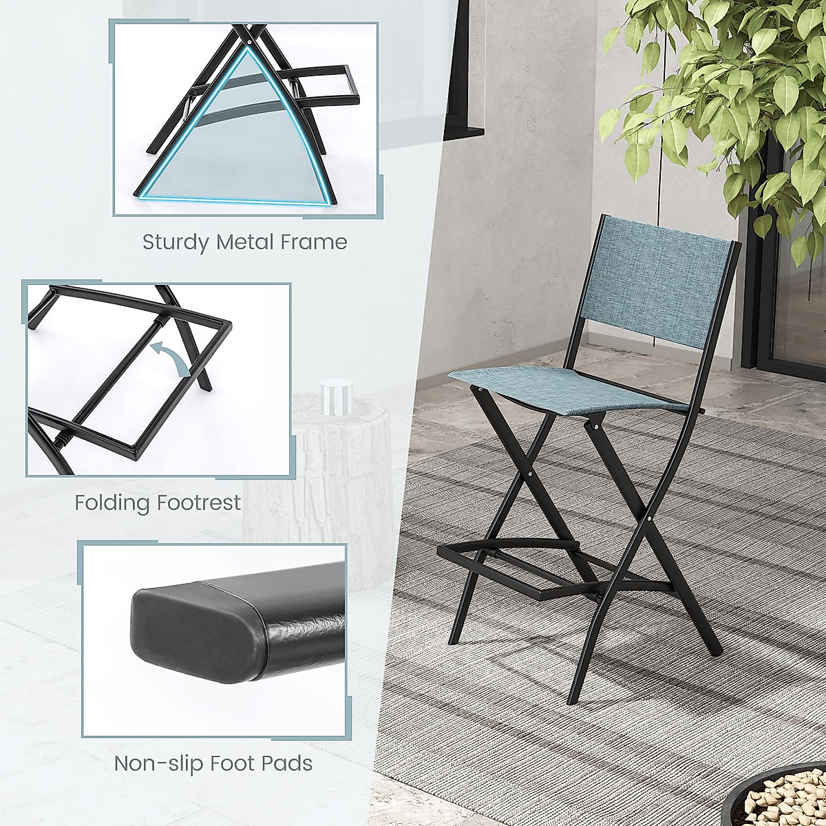 Tangkula Outdoor Barstools Set of 2, Counter Height Folding Bar Chairs with Back and Footrest, Versatile Patio Dining Chairs with Breathable Fabric & Heavy-Duty Metal Frame (2, Bluish-Grey)