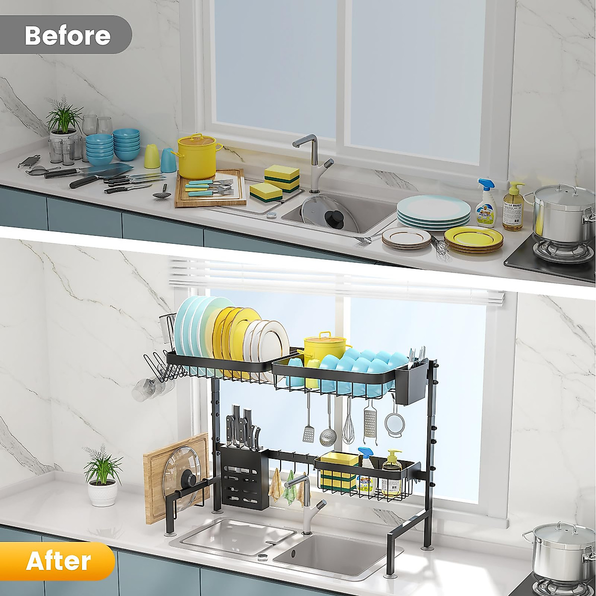 MERRYBOX Over The Sink Dish Drying Rack (33.4"-41.3") Large Upgraded 2 Tier Length & Height Adjustable Stainless Steel Dishes Drainer for Kitchen Counter Space Saving Storage Organizer, Black