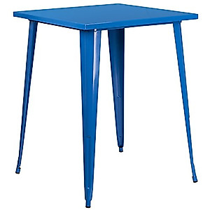 EMMA + OLIVER Commercial Grade 31.5" Square Blue Metal Indoor-Outdoor Bar Height Table