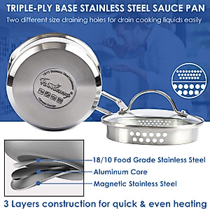 Stainless Steel Saucepan with Glass Lid, Multipurpose 1.5 Quart Sauce pan Sauce Pot with Straining Cover & Pour Spouts for Boiling Milk, Sauce, Gravies, Pasta, Noodles