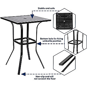 Patiomore Patio Bar Table, Outdoor Bar Height Bistro Table with Umbrella Hole, Metal Frame and Slat Design (Black)