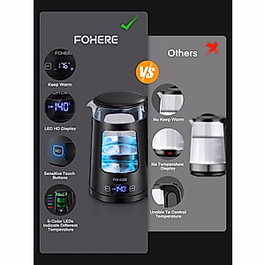 Electric Kettle, 1.7L Glass Tea Kettle, with Keep Warm, 5 Temperature Control, 1500W Fast Boil, Auto Shut-Off & Boil-Dry Protection, with 5 Colored Lights, Black