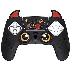 PlayVital Halloween Cute Demon Controller Silicone Case for ps5, Kawaii Controller Cover Gamepad Skin Protector for ps5 with Touch Pad Sticker & Thumb Grip Caps - Black