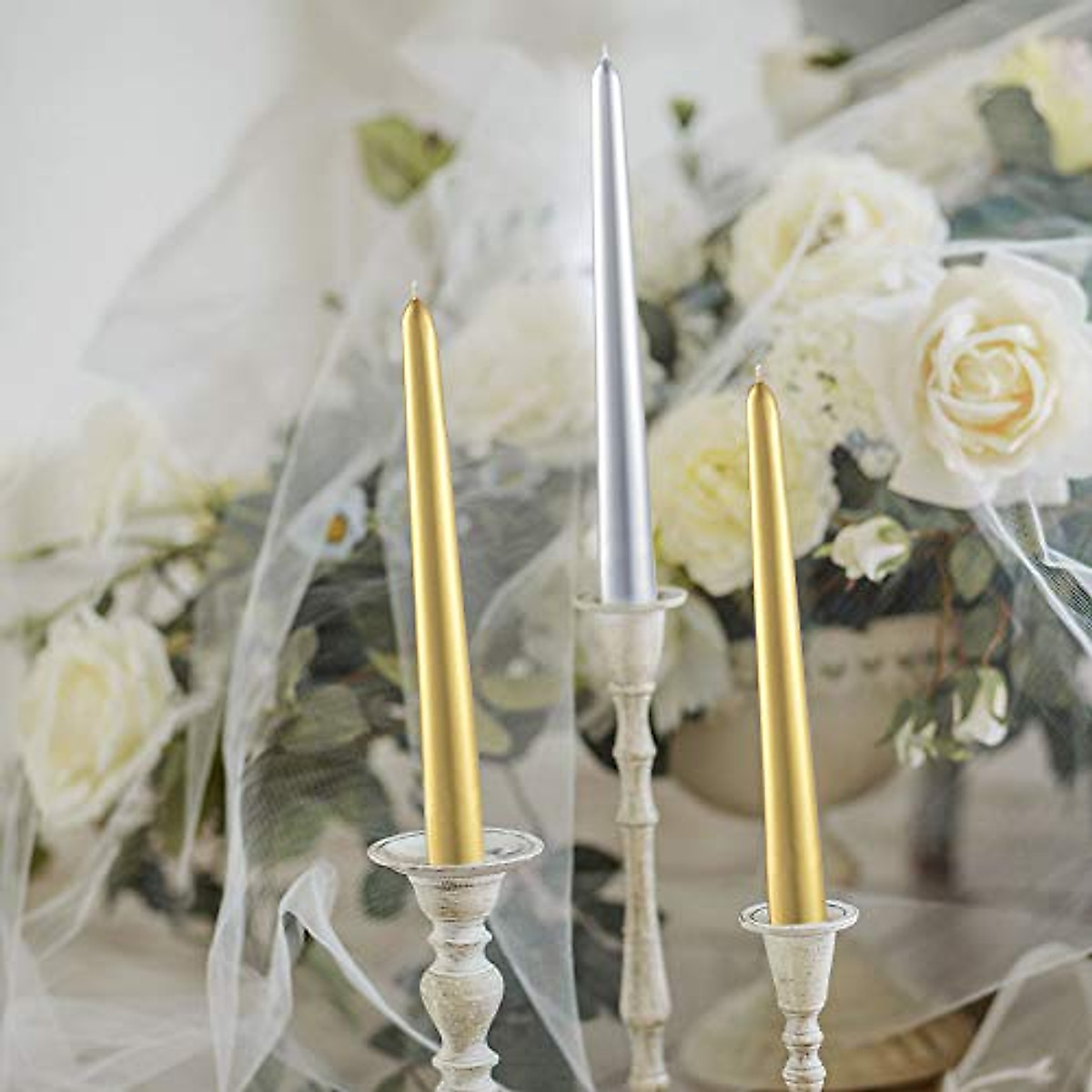 SPAAS Silver Taper Candles, Set of 4 | 9" Tall Unscented Metallic Taper Candles - 8 Hour Long Burning | Individually Wrapped, Unscented Taper Candles for Home Décor, Wedding, Holiday, and Parties