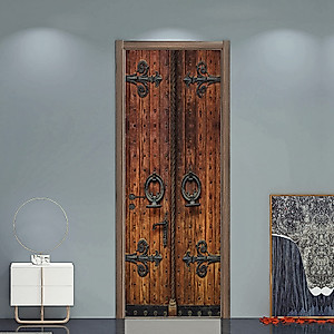 artfanke 3D Realistic Wooden Pattern Door Sticker Peel and Stick - Retro Wood Murals Wallpaper - Waterproof Door Decal for Home Decor 30.3"x78.7"(2 Sheets/Set)