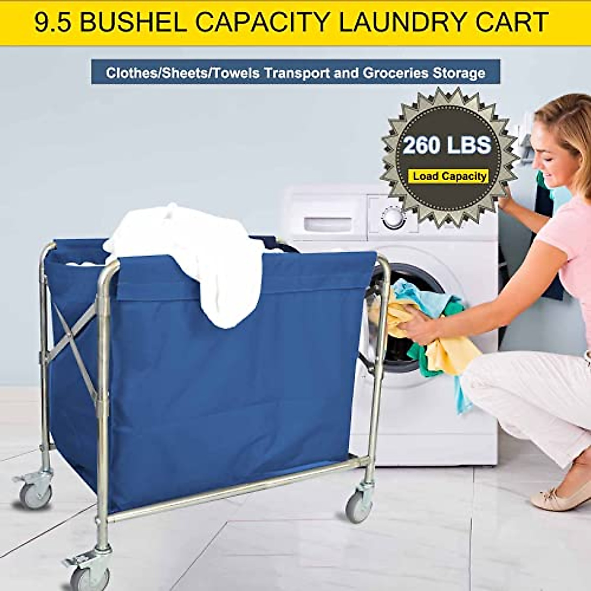 Collapsible X Rolling Laundry Cart ,Commercial Industrial Home Laundry Hampers with Wheels,Foldable Large Laundry Basket with stainless steel frame and removable oxford bag ,260 Lbs Load