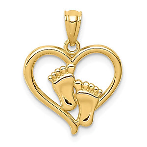 Solid 14k Yellow Gold Baby Feet in a Heart Pendant Charm