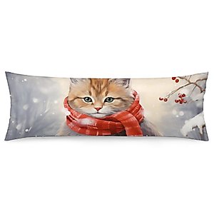 MaSiledy Wintery Cat with Red Scarf Body Pillow Pillowcase 20-Inch X 54-Inch Printed Pillow Cover Christmas Body Pillow Case with Hidden Zipper Closure for Decoration Sofa Couch