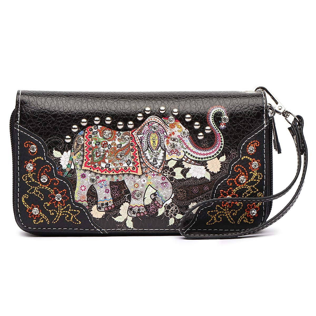 Elephant Rhinestone Studded Western Style Concealed Carry Purse Handbag Women Shoulder Bag Wallet Set (Black Set)