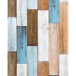YAMANGU Wood Peel and Stick Wallpaper,Shiplap Wallpaper Blue Distressed, Wall Paper for Living Room, Bedroom, Cabinets, Home Decoration, Brown White Grey Colorful Wood Grain Contact Paper